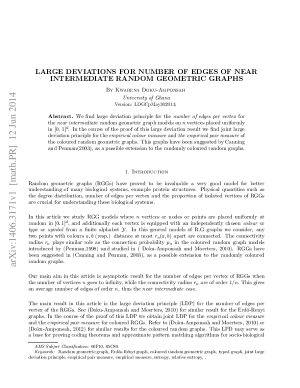 (PDF) Large deviations for number of edges of near intermediate random geometric graphs