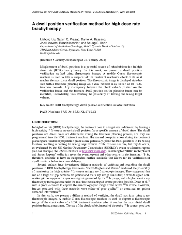 (PDF) A dwell position verification method for high dose rate brachytherapy