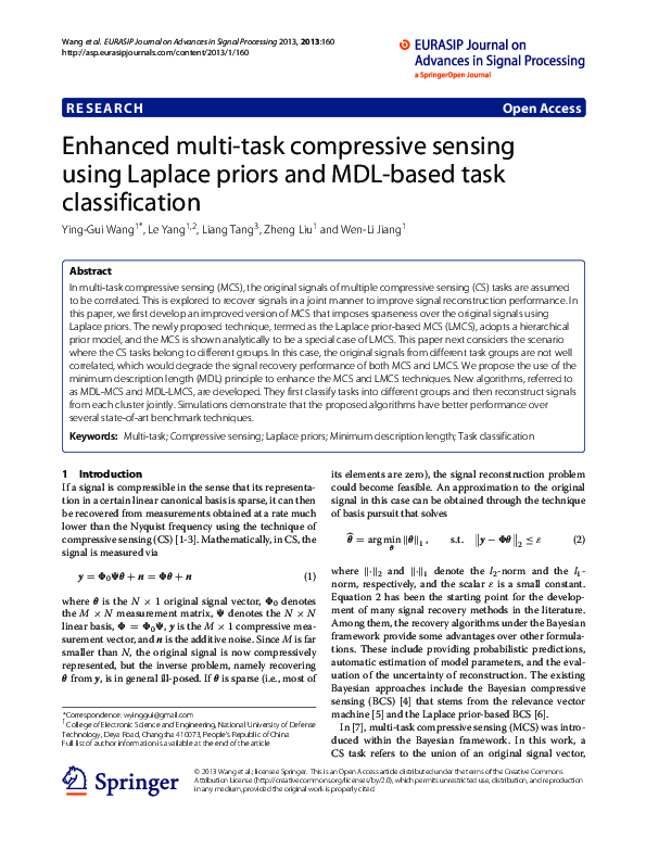 Pdf Enhanced Multi Task Compressive Sensing Using Laplace Priors And Mdl Based Task