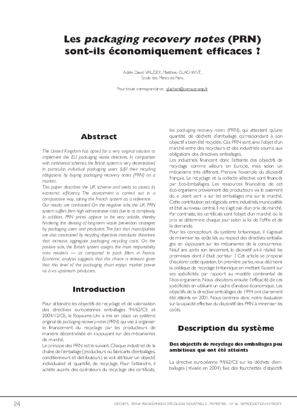 (PDF) Les packaging recovery notes (PRN) sont-ils économiquement ...