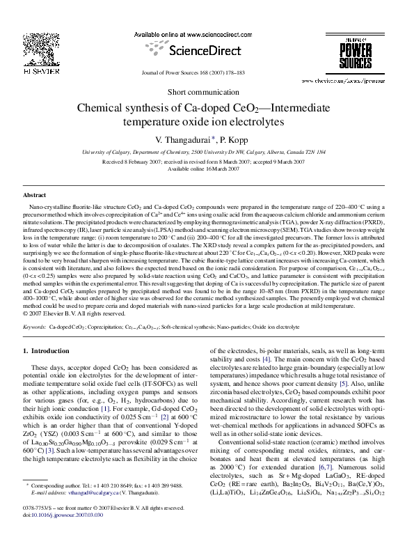 (PDF) Chemical synthesis of Ca-doped CeO2—Intermediate temperature ...