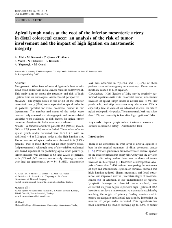 (PDF) Apical lymph nodes at the root of the inferior mesenteric artery ...