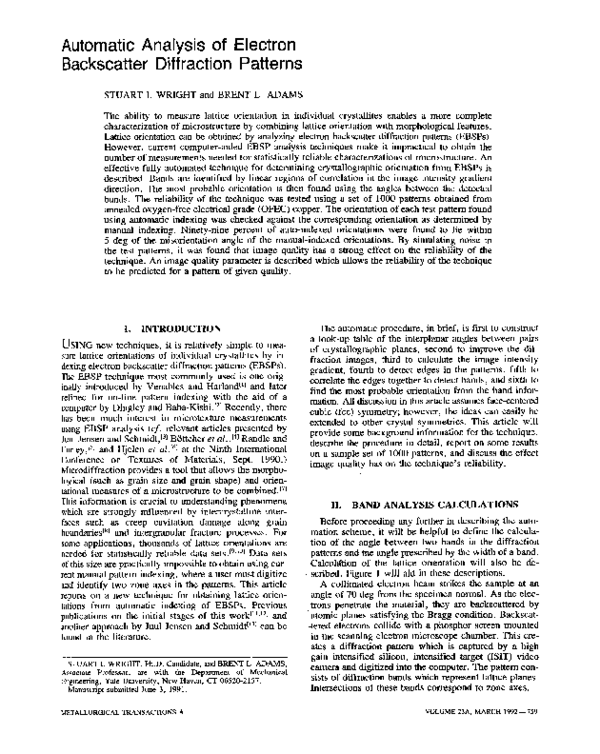 (PDF) Automatic analysis of electron backscatter diffraction patterns
