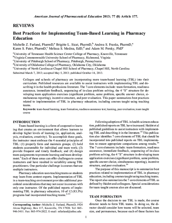 (PDF) Best Practices for Implementing Team-Based Learning in Pharmacy Education | Andrea Franks ...