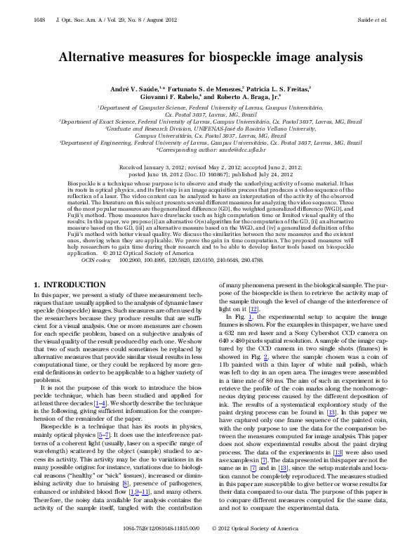 (PDF) Alternative measures for biospeckle image analysis