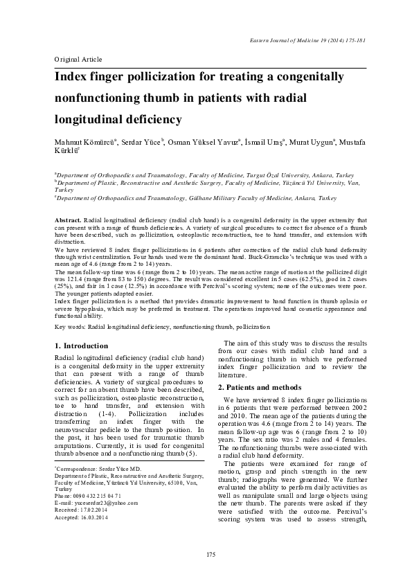 (PDF) Index Finger Pollicization for Treating a Congenitally ...
