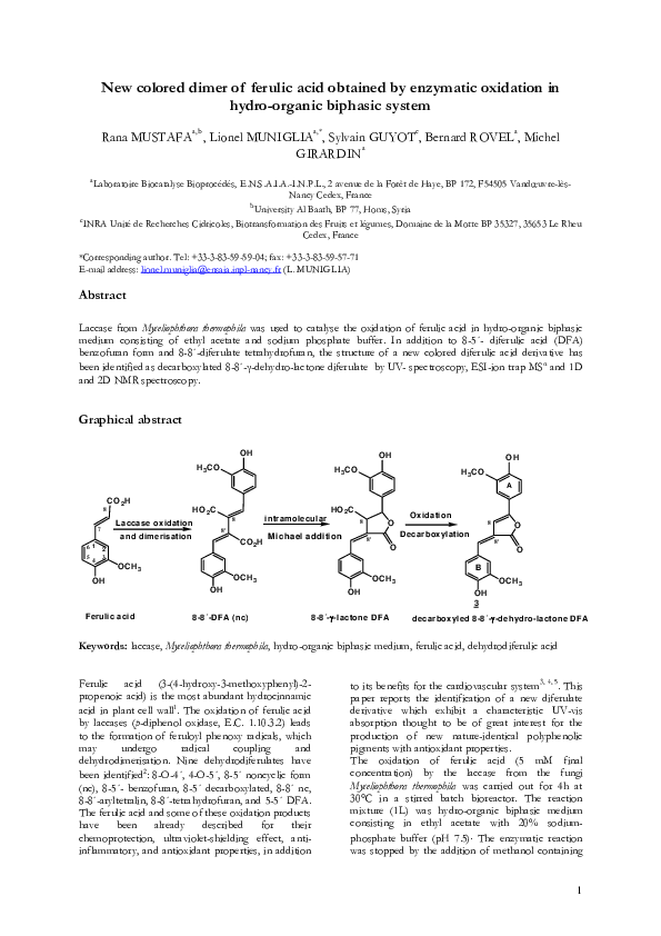 (PDF) New colored dimer of ferulic acid obtained by enzymatic oxidation ...