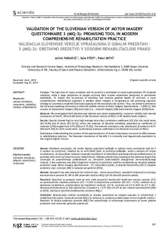 (PDF) Validation of the Slovenian version of motor imagery ...