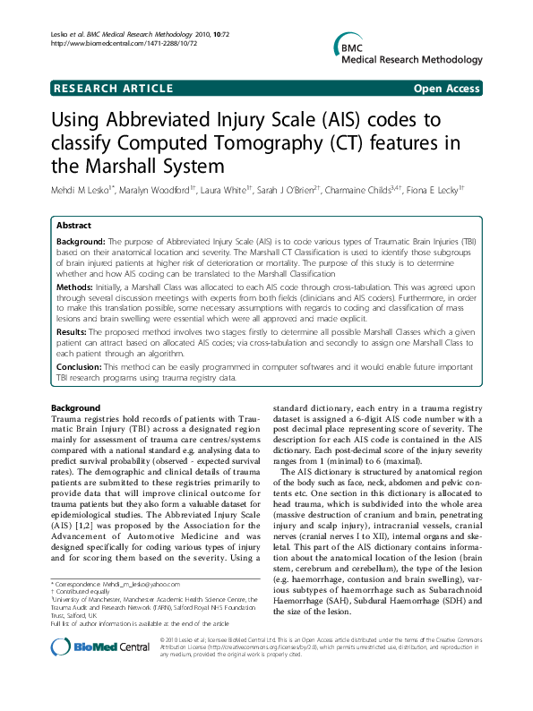 (PDF) Using Abbreviated Injury Scale (AIS) codes to classify Computed ...