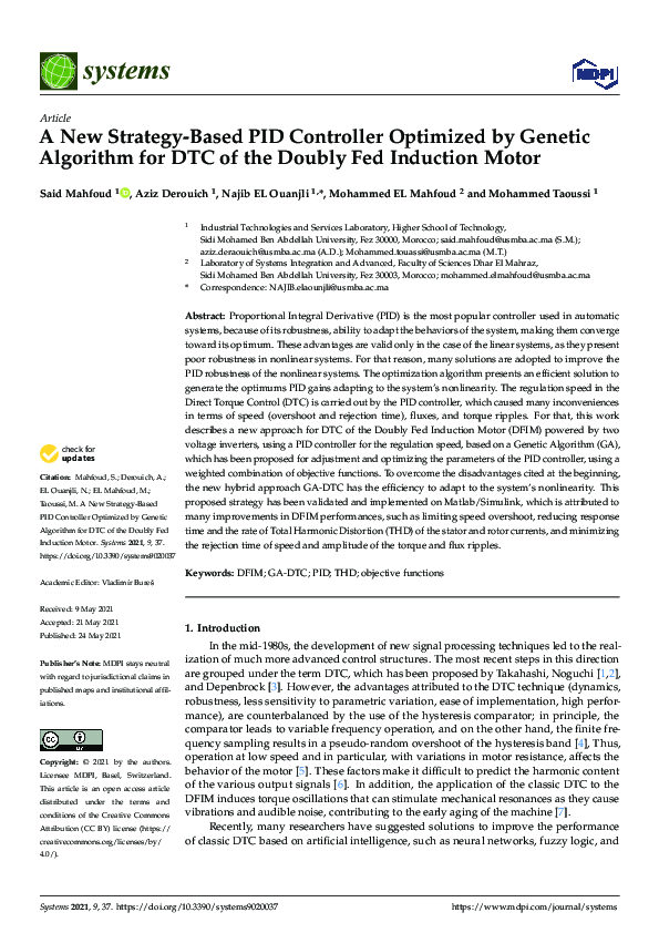 Pdf Ga Optimized Pid Controller For Dfim Dtc