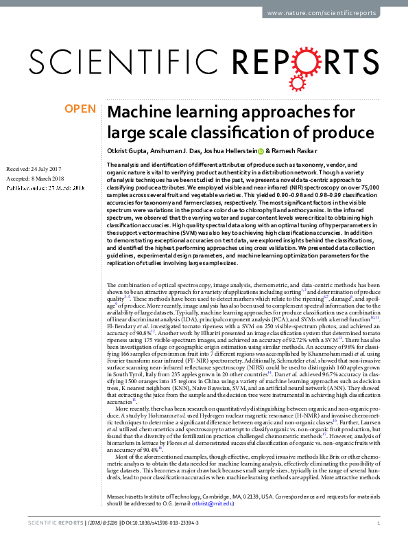 (PDF) Machine learning approaches for large scale classification of produce