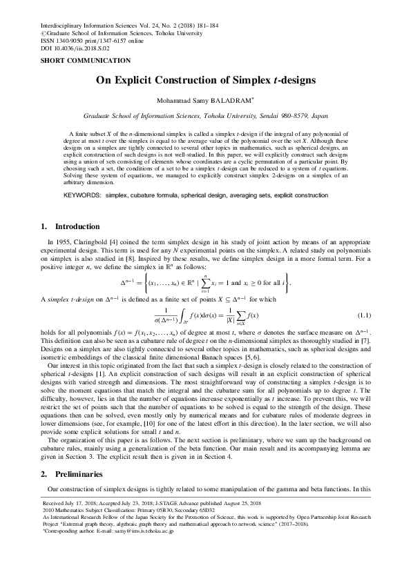 (PDF) On Explicit Construction of Simplex t -designs