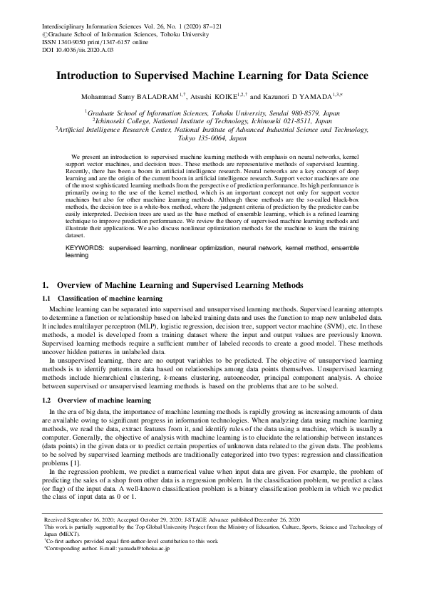 (PDF) Introduction to Supervised Machine Learning for Data Science