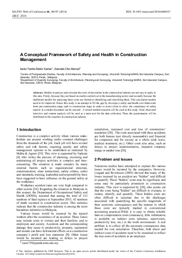 Pdf A Conceptual Framework Of Safety And Health In Construction Management