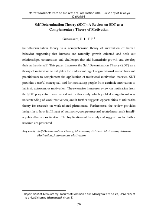 (PDF) Self Determination Theory (SDT): a review on SDT as a Complementary Theory of Motivation