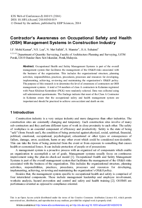 (PDF) Contractor’s Awareness on Occupational Safety and Health (OSH ...