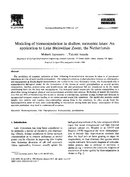 (PDF) Modeling of biomanipulation in shallow, eutrophic lakes: An ...