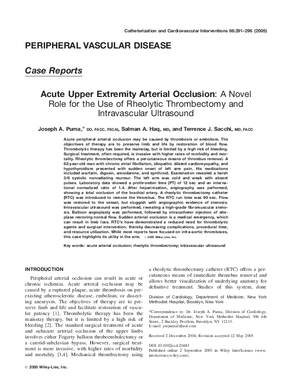 (PDF) Acute upper extremity arterial occlusion: A novel role for the ...