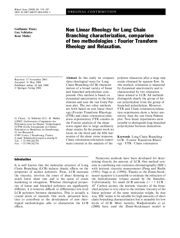 (PDF) Non Linear Rheology for Long Chain Branching characterization ...