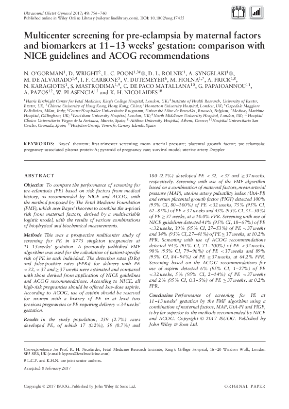 (PDF) Multicenter screening for preeclampsia by maternal factors and ...
