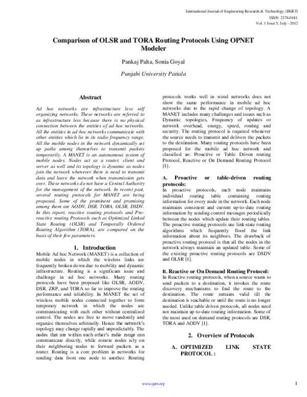 (PDF) Comparison of OLSR and TORA Routing Protocols Using OPNET Modeler
