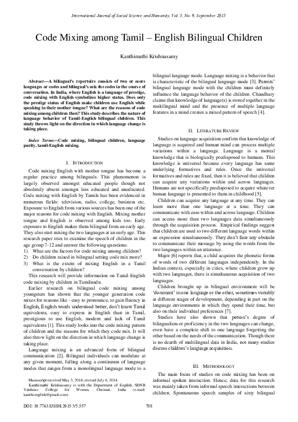 (PDF) Code Mixing among Tamil – English Bilingual Children