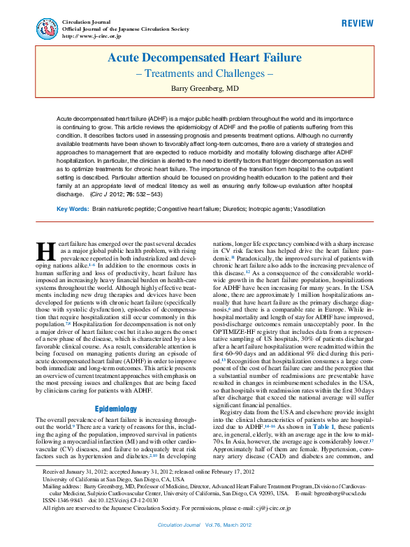 (PDF) Acute Decompensated Heart Failure : Treatments and Challenges