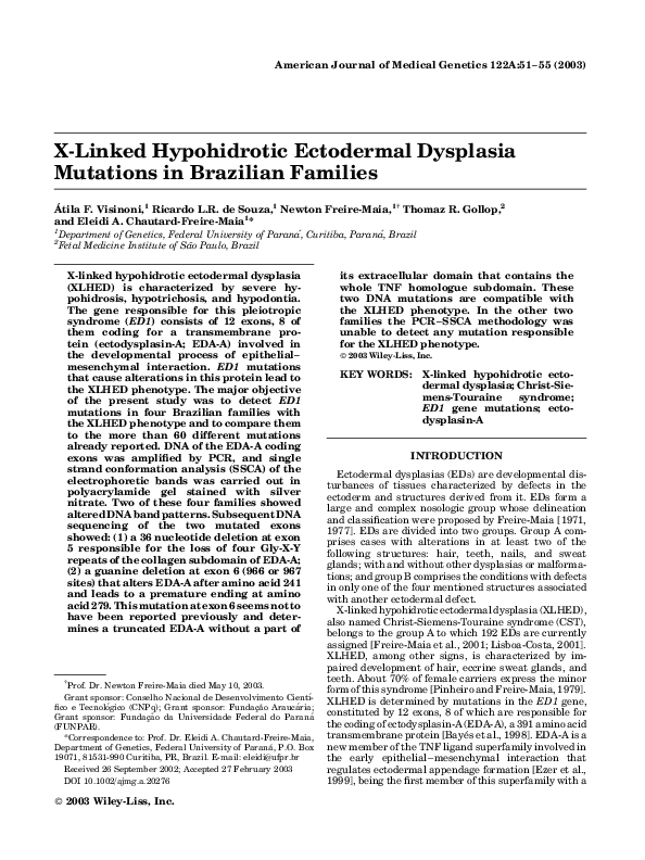 (PDF) X-linked hypohidrotic ectodermal dysplasia mutations in Brazilian families | Átila ...