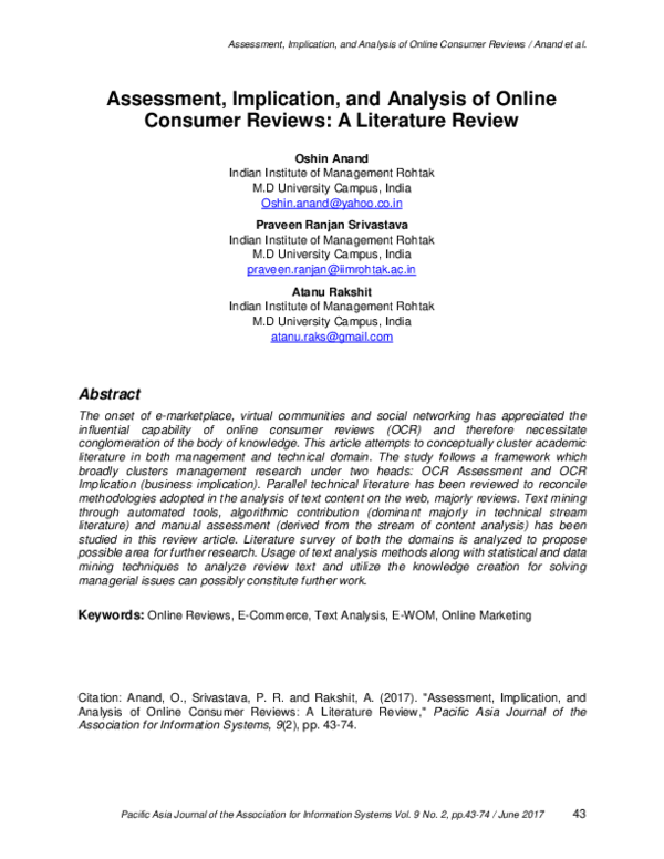 (PDF) Assessment, Implication, and Analysis of Online Consumer Reviews ...