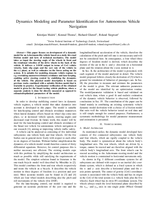 (PDF) Dynamics modeling and parameter identification for autonomous vehicle navigation