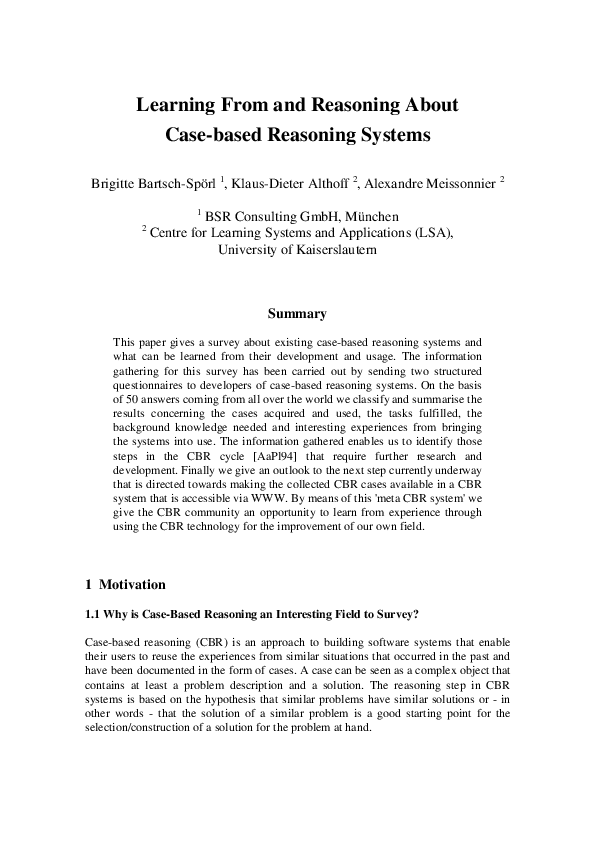 (PDF) Learning from and reasoning about case-based reasoning systems