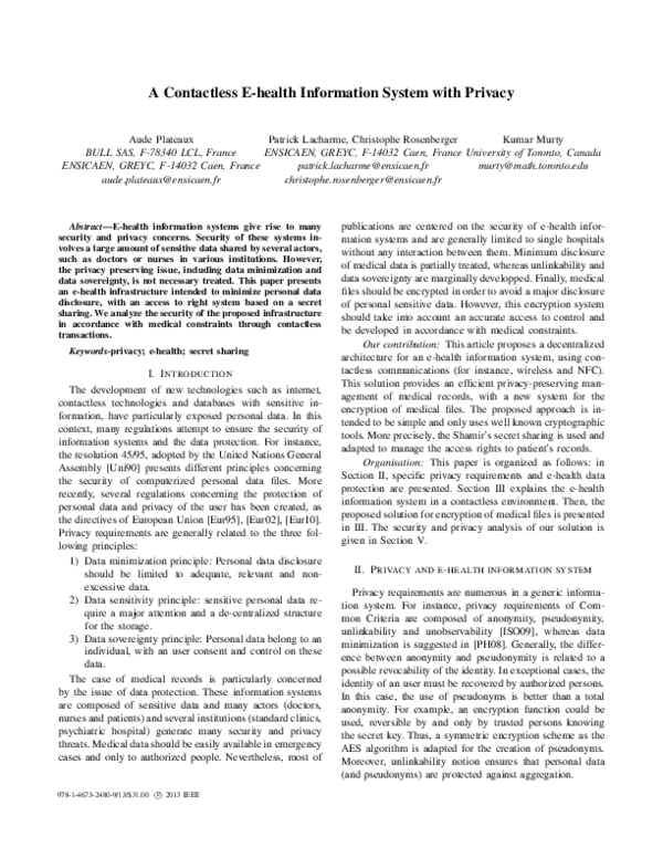 (PDF) A contactless e-health information system with privacy | Christophe Rosenberger - Academia.edu