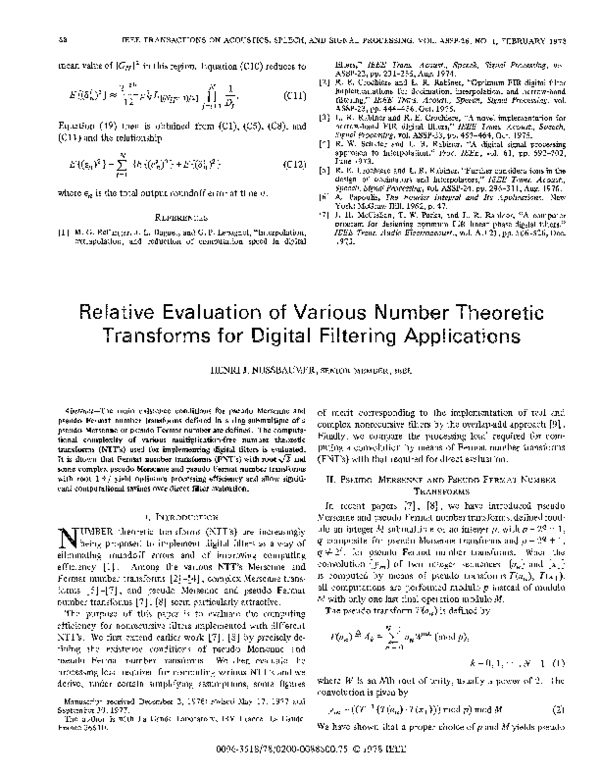 (PDF) Relative evaluation of various number theoretic transforms for digital filtering applications