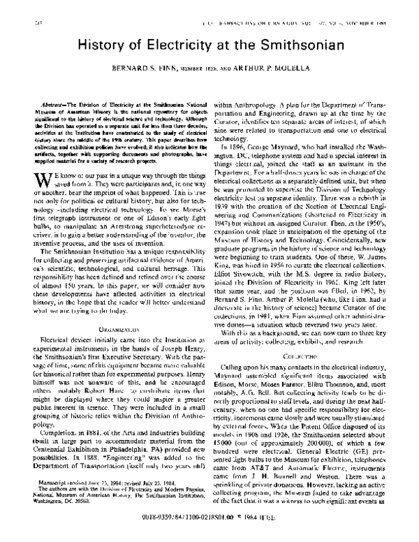 (PDF) History of Electricity at the Smithsonian