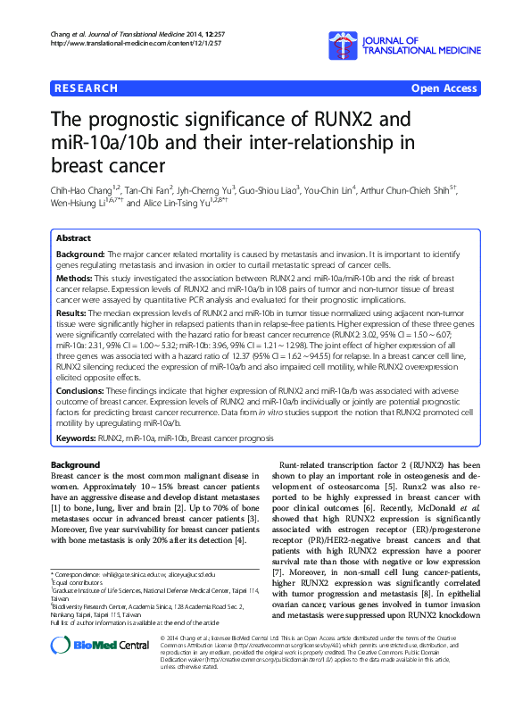 (PDF) The prognostic significance of RUNX2 and miR-10a/10b and their inter-relationship in ...