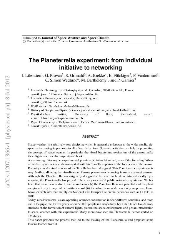 (PDF) The Planeterrella experiment: from individual initiative to ...