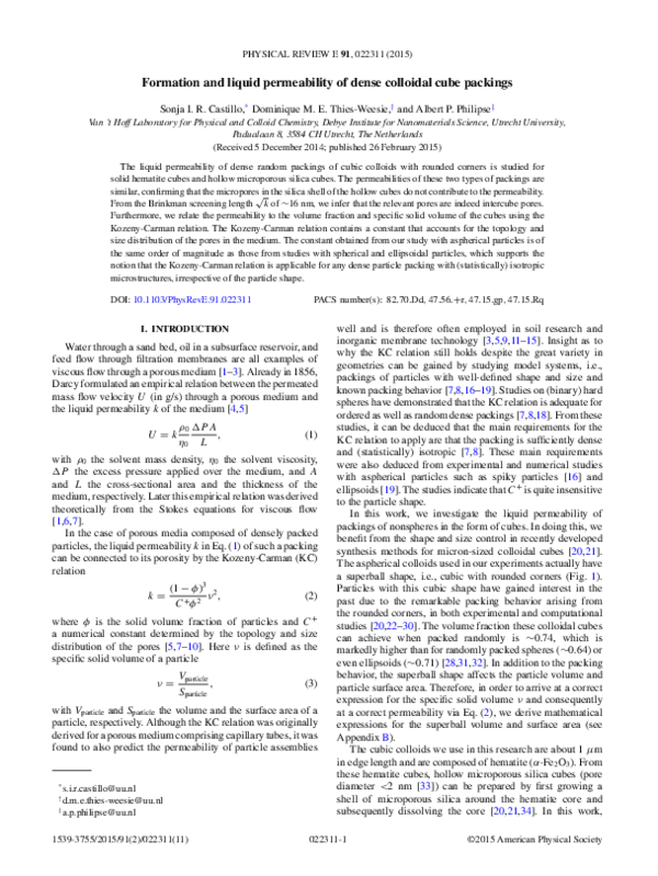 (PDF) Formation and liquid permeability of dense colloidal cube packings | Dominique Thies ...