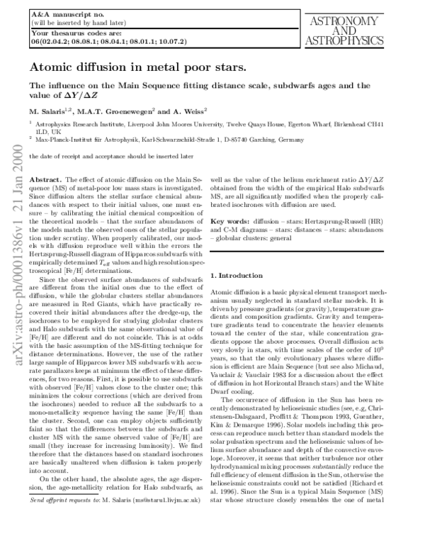 (PDF) Atomic diffusion in metal poor stars. The influence on the Main ...