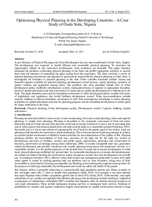 (PDF) Optimizing Physical Planning in the Developing Countries A Case Study of Ondo State, Nigeria