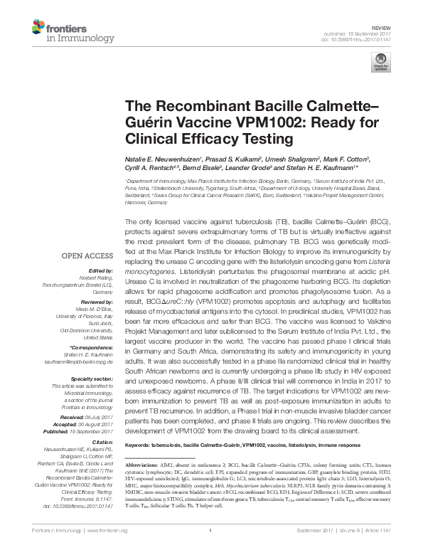 (PDF) The Recombinant Bacille Calmette–Guérin Vaccine VPM1002: Ready ...