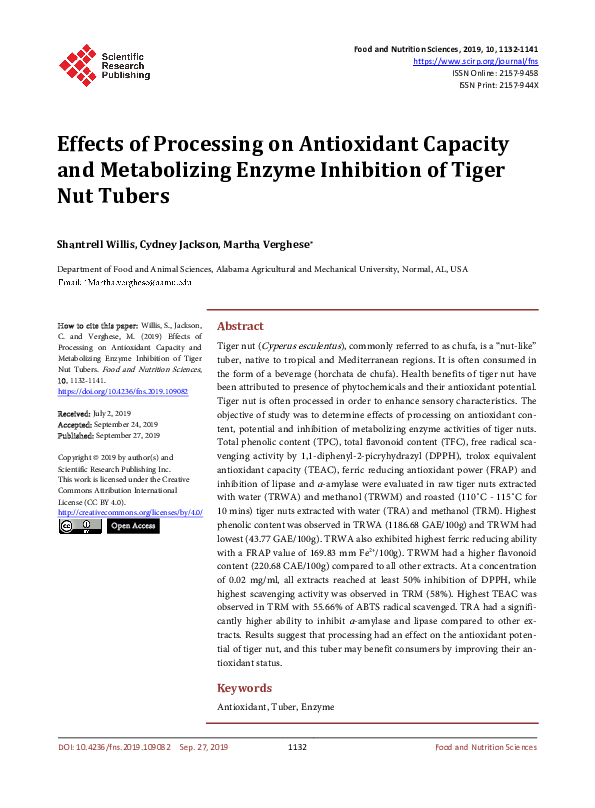 (PDF) Effects of Processing on Antioxidant Capacity and Metabolizing Enzyme Inhibition of Tiger ...