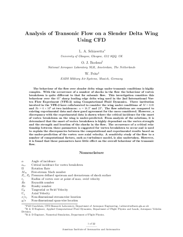 (PDF) Analysis of Transonic Flow on a Slender Delta Wing Using CFD