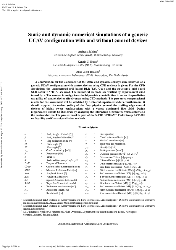 (PDF) Static and dynamic numerical simulations of a generic UCAV configuration with and without ...