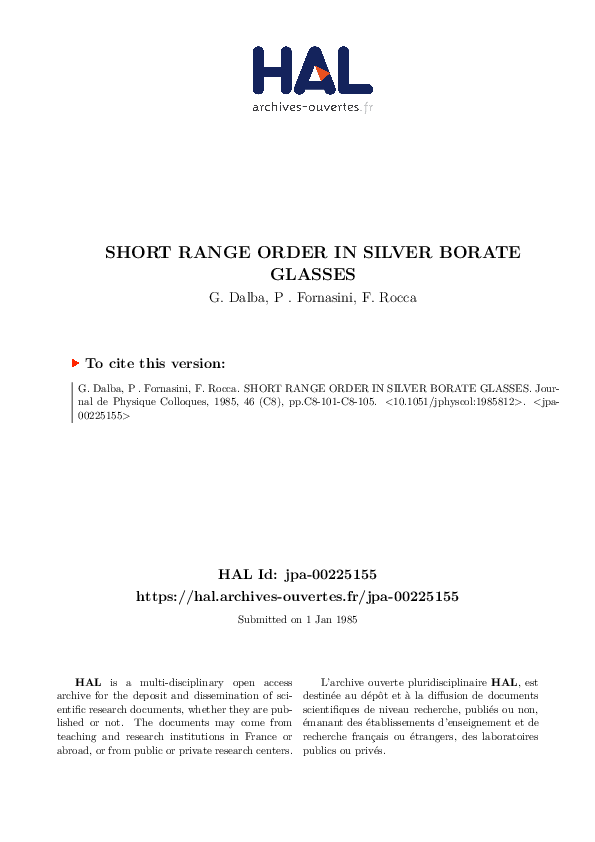 (PDF) Short Range Order in Silver Borate Glasses