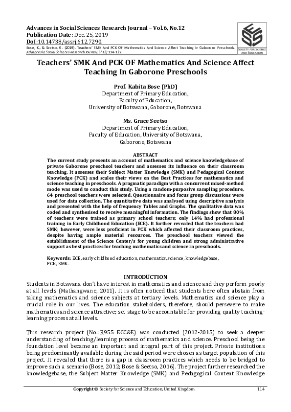 (PDF) Teachers’ SMK and PCK of Mathematics and Science Affect Teaching in Gaborone Preschools
