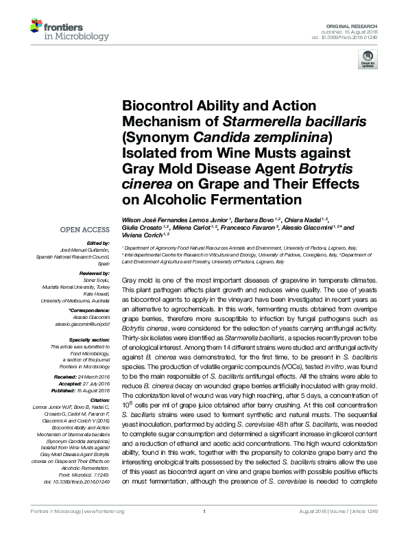 (PDF) Biocontrol Ability and Action Mechanism of Starmerella bacillaris (Synonym Candida ...