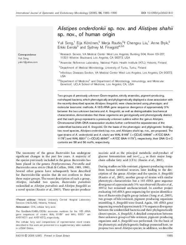 (PDF) Alistipes onderdonkii sp. nov. and Alistipes shahii sp. nov., of ...