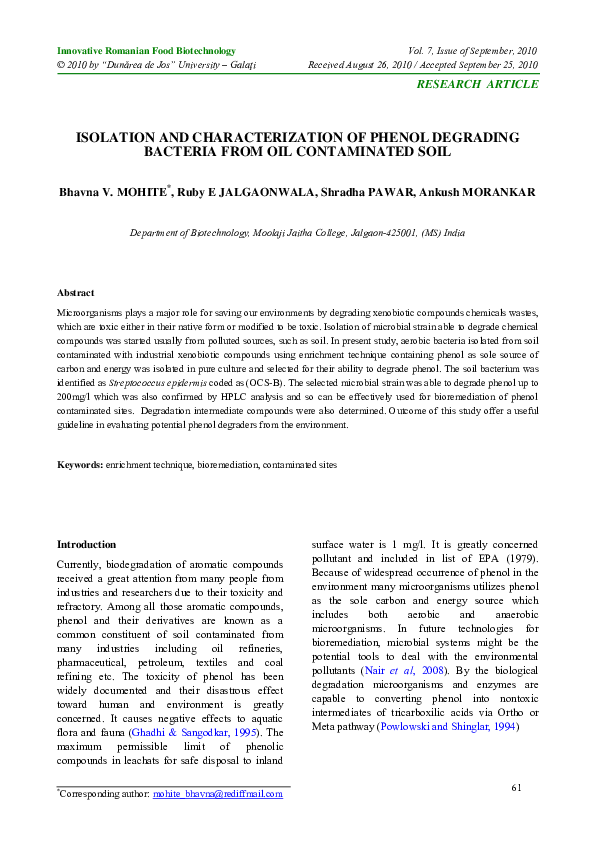 (PDF) ISOLATION AND CHARACTERIZATION OF PHENOL DEGRADING BACTERIA FROM OIL CONTAMINATED SOIL