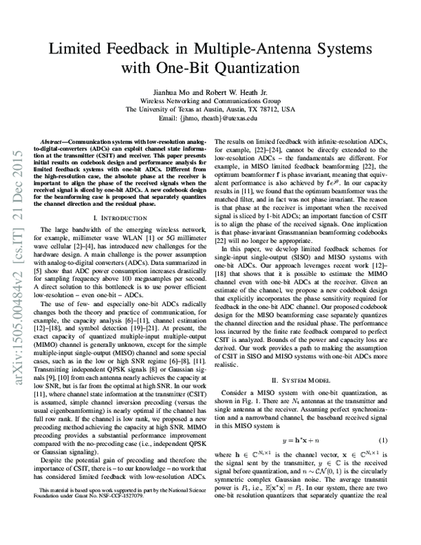 (PDF) Limited Feedback in Multiple-Antenna Systems with One-Bit Quantization
