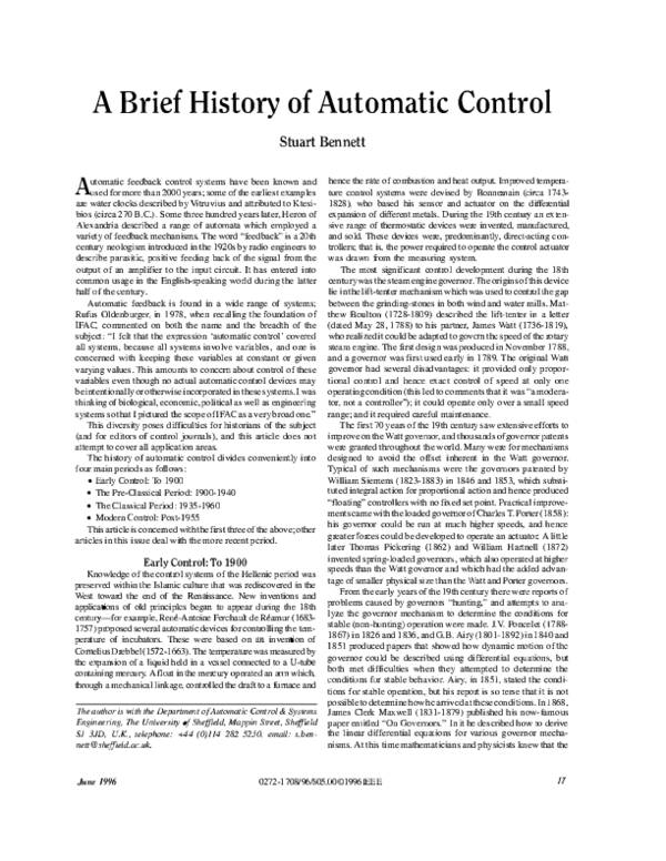 (PDF) A brief history of automatic control